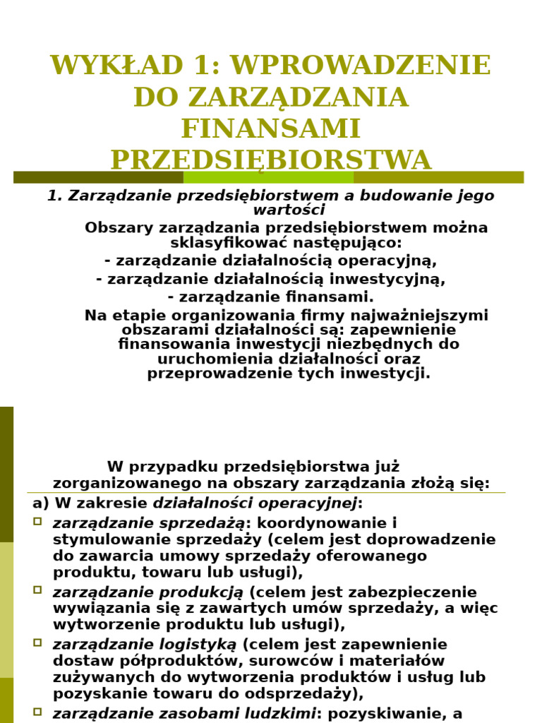 Finanse Przedsiebiorstwa Wyklad 1 | PDF