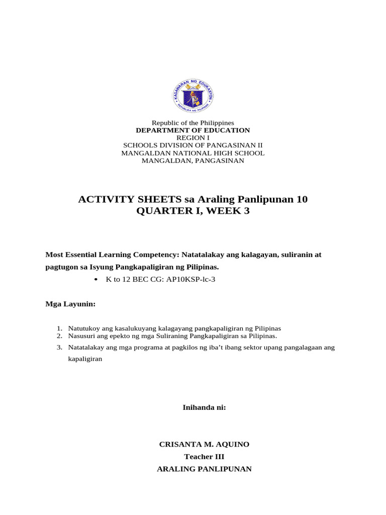 Remedial Activity Sheets q1week3 | PDF