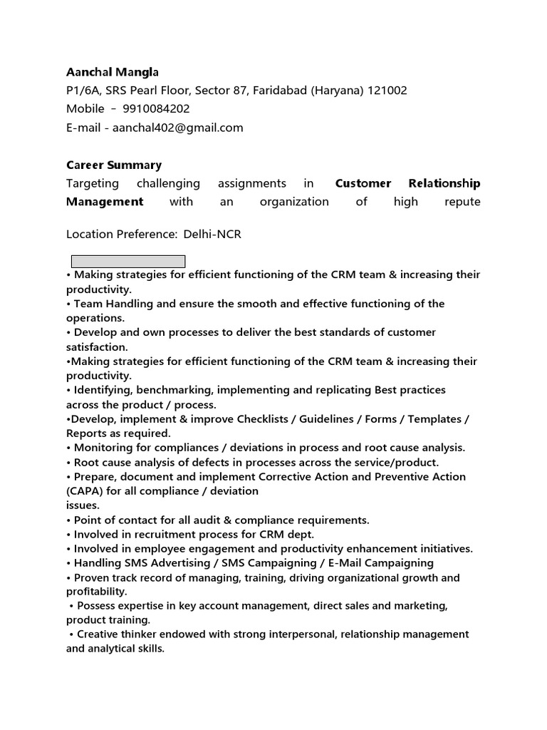 Aanchal Mangla Resume | PDF | Customer Relationship Management | Marketing