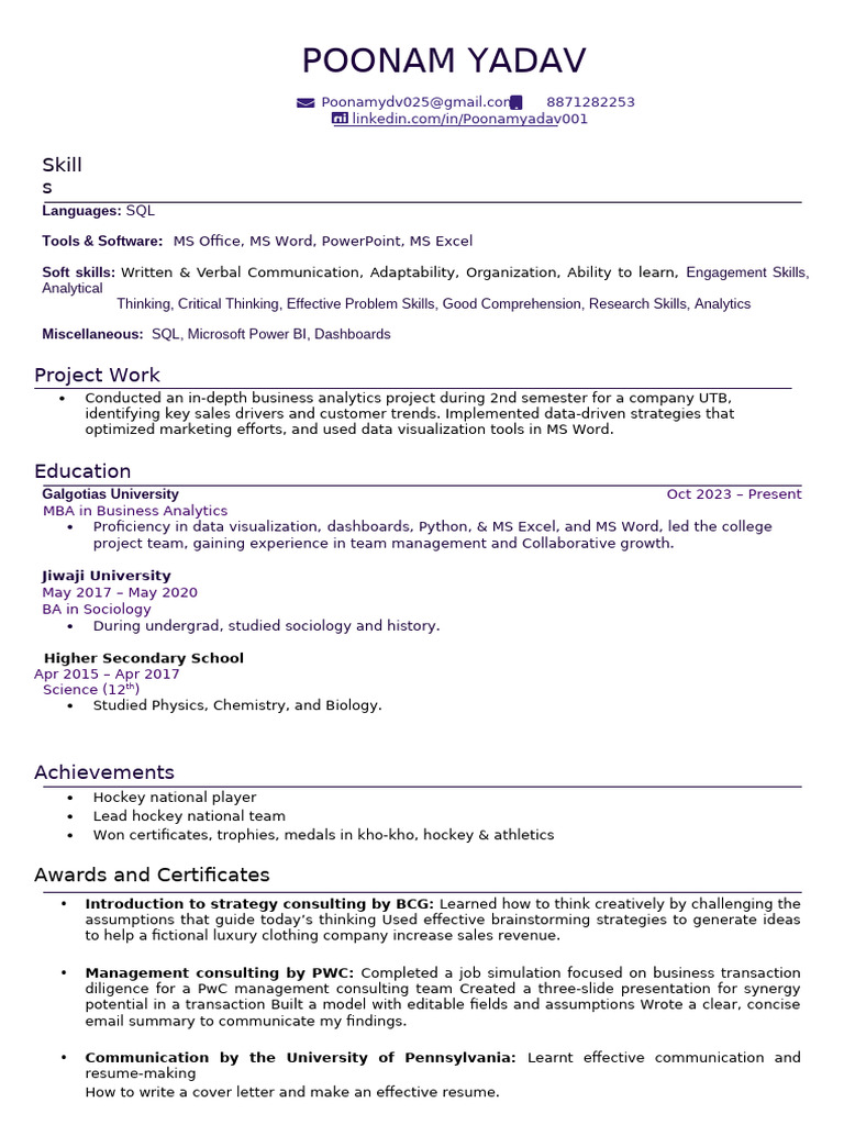 Poonam's Resume | PDF | Analytics | Communication