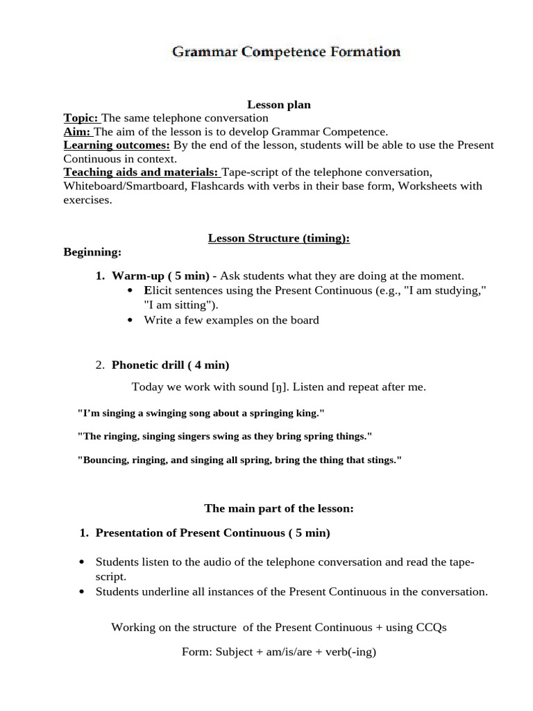 Present Continuous Lesson Plan | PDF | Linguistics | Grammar