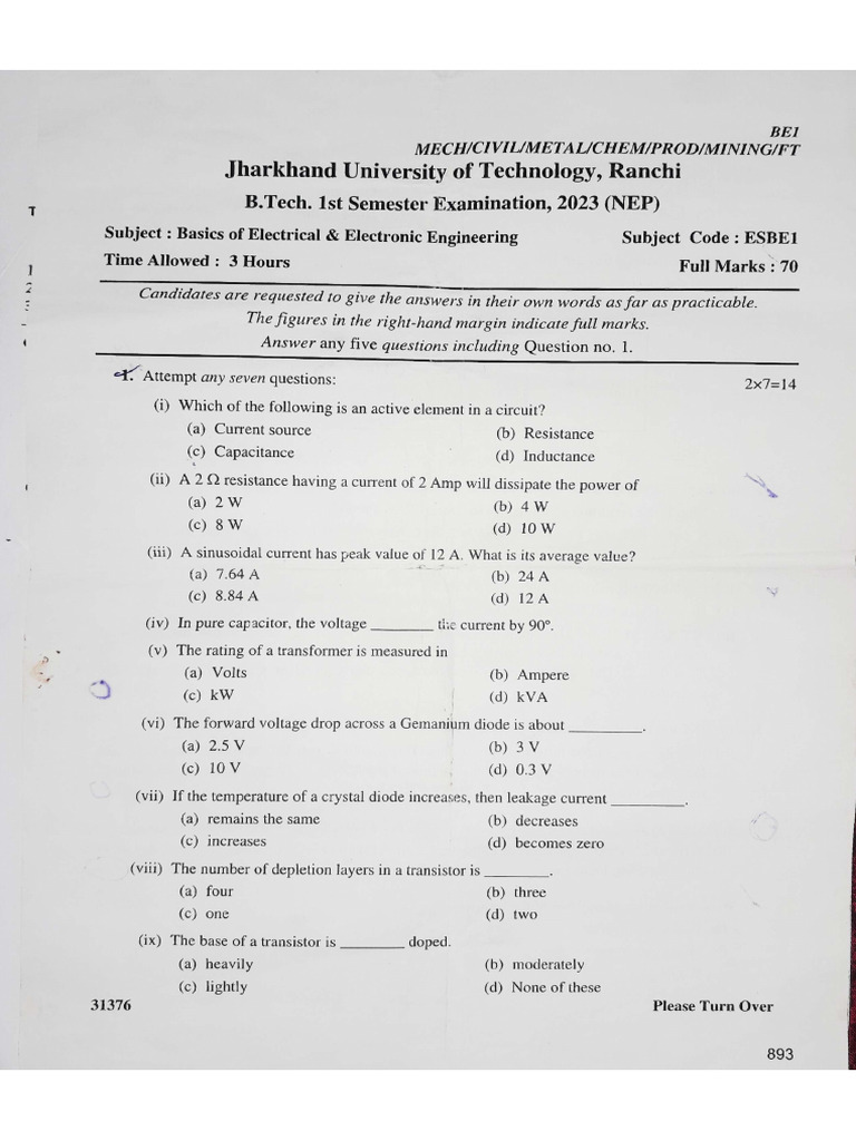 BEEE - B.tech 1st Semester - End Sem, 2023 | PDF