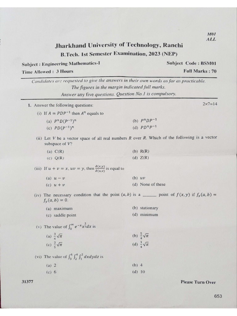 EM-1 – B.tech. 1st Semester - End Sem, 2023 | PDF