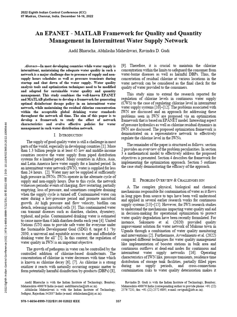 An Epanet Matlab Framework For Quality And Quantity Management In Intermittent Water Supply
