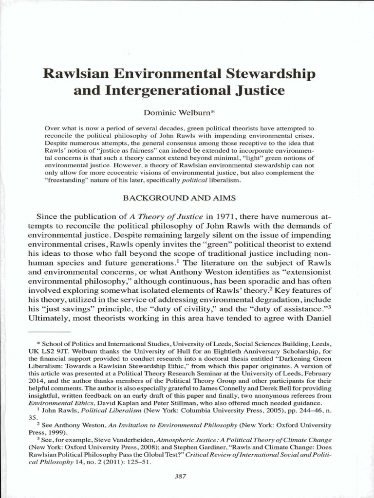 Rawlsian Environmental Stewardship and Intergenerational Justice | PDF ...