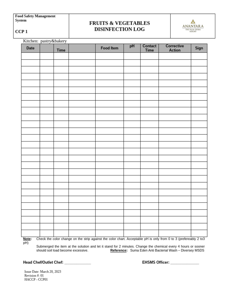 Fruits and Veg. Disinfection Log | PDF