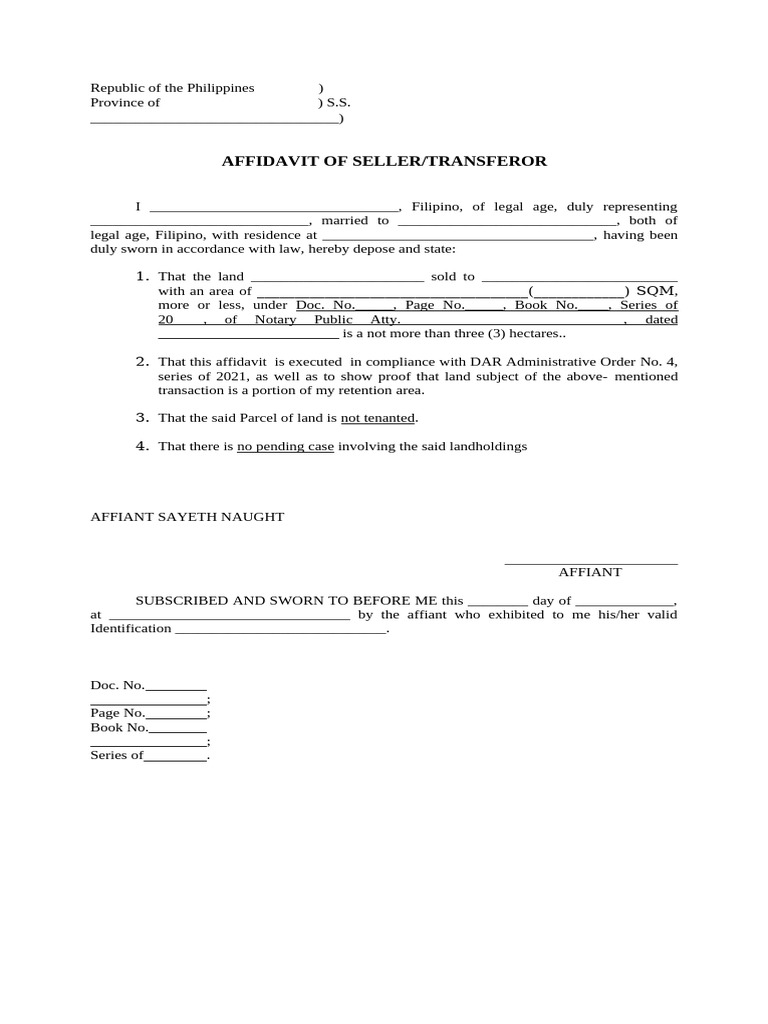 AFFIDAVIT OF SELLER-TRANSFEROR Blank Married | PDF | Social Science | Law