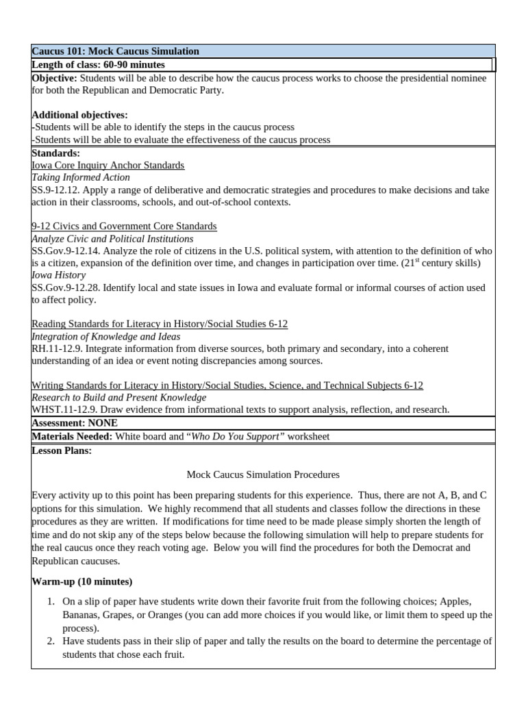 Mock Caucus Simulation Lesson Plan2021 | PDF | United States ...