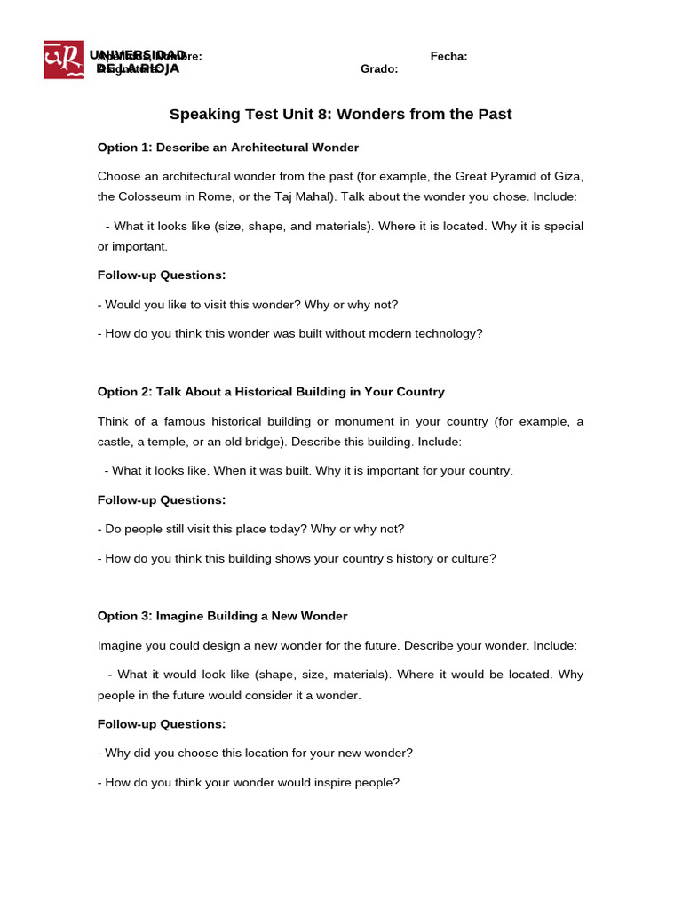 Speaking Test Unit 8 | PDF | Art