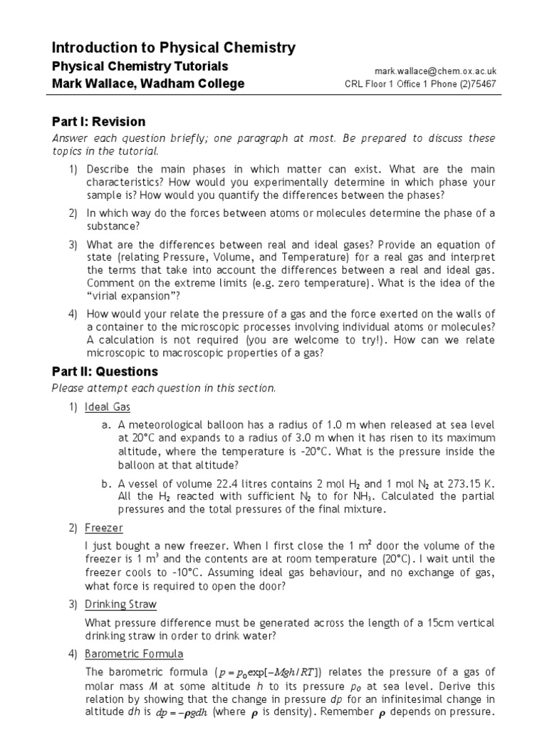 Physical Chemistry Tutorial Questions | PDF | Gases | Chemistry