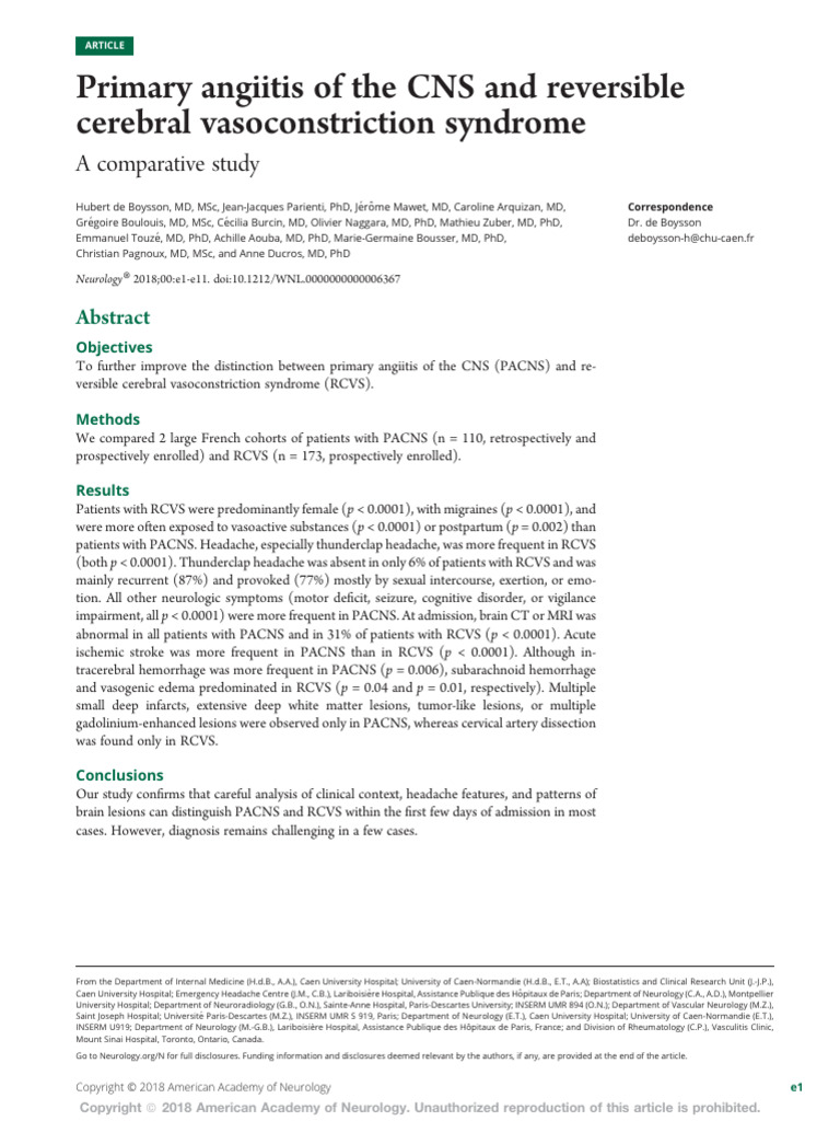 Hubert de Boysson Primary Angiitis of The Cns and | PDF | Human ...