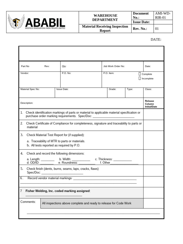 Receiving Inspection Report | PDF