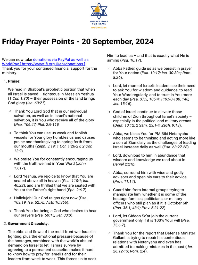 Friday Prayer Points - 20 September, 2024 - Intercessors for Israel ...