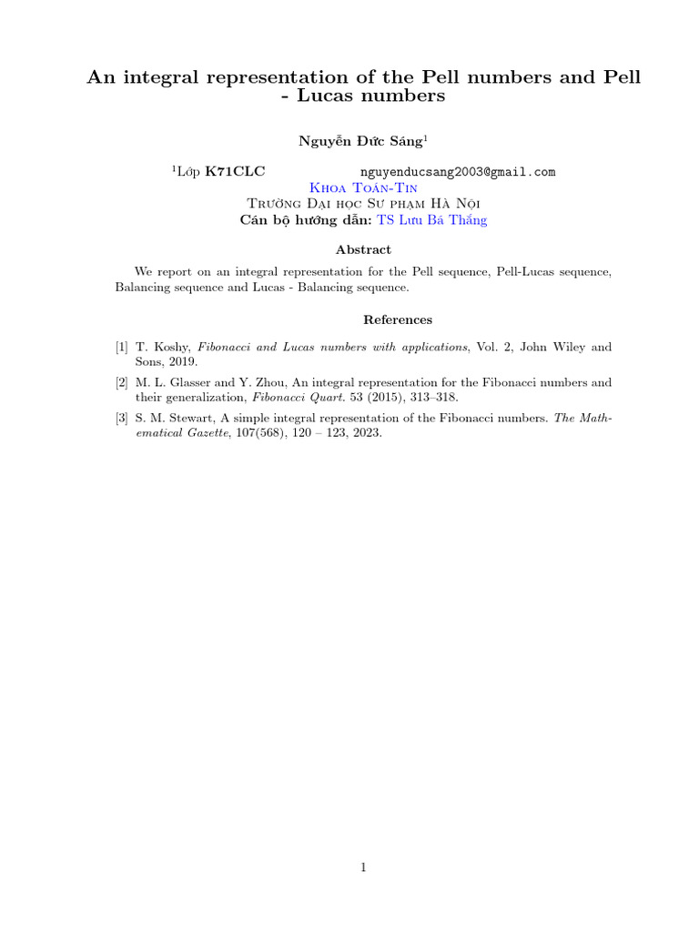Integral Representation of Pell Numbers | PDF