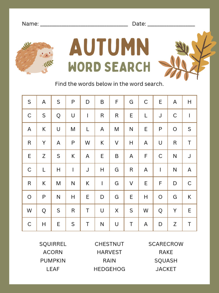 Autumn Word Search Worksheet in Green and Brown Pastel Style | PDF