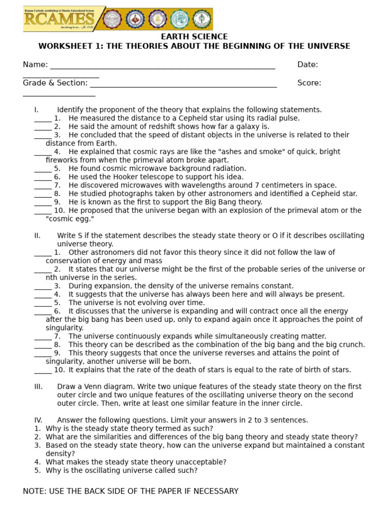 Earth Science Worksheet 1: The Theories About The Beginning of The ...