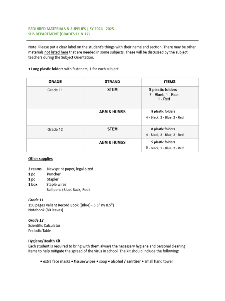 SHS Dept - Required Materials Sy 2024-25 | PDF
