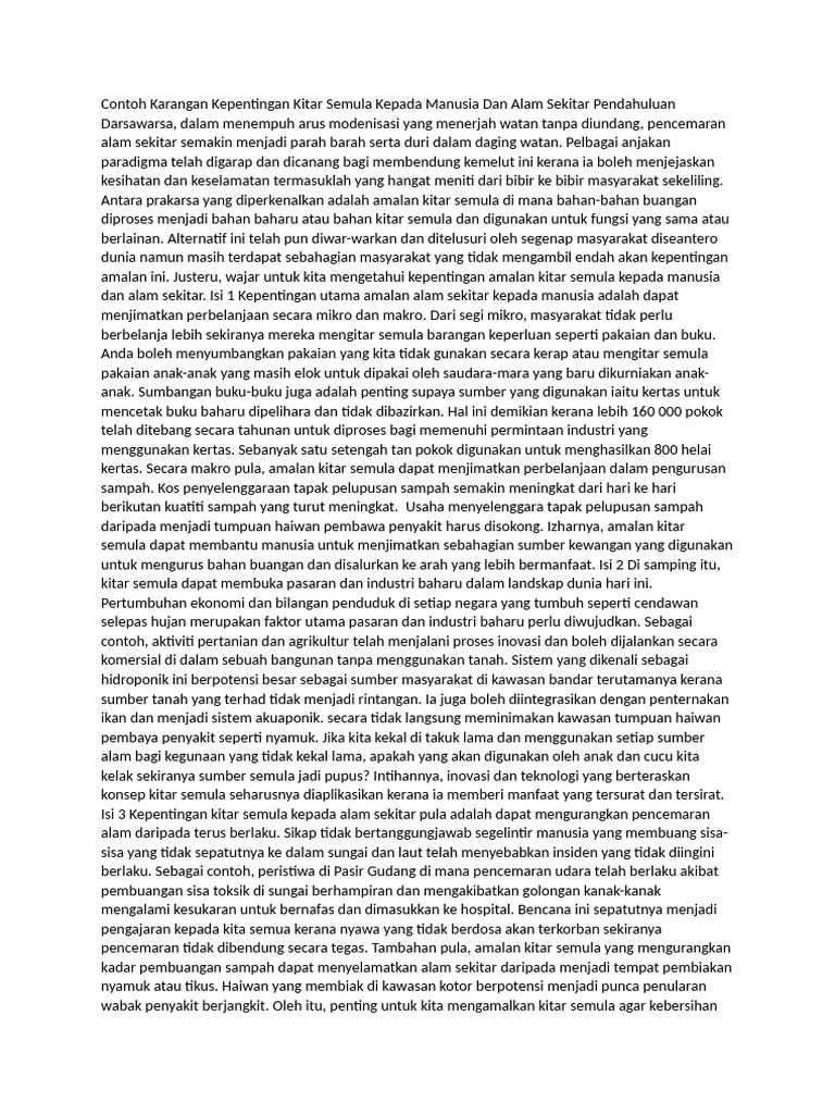 Contoh Karangan Kepentingan Kitar Semula Kepada Manusia Dan Alam ...