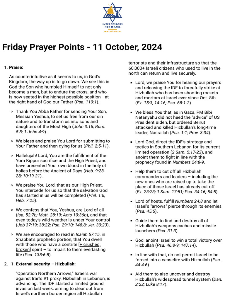 Friday Prayer Points - 11 October, 2024 - Intercessors For Israel | PDF ...