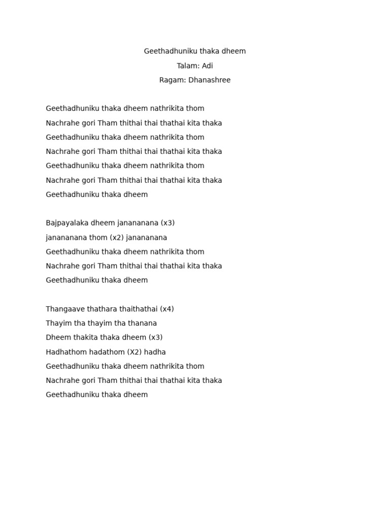 Geethadhuniku Thaka Dheem Lyrics | PDF