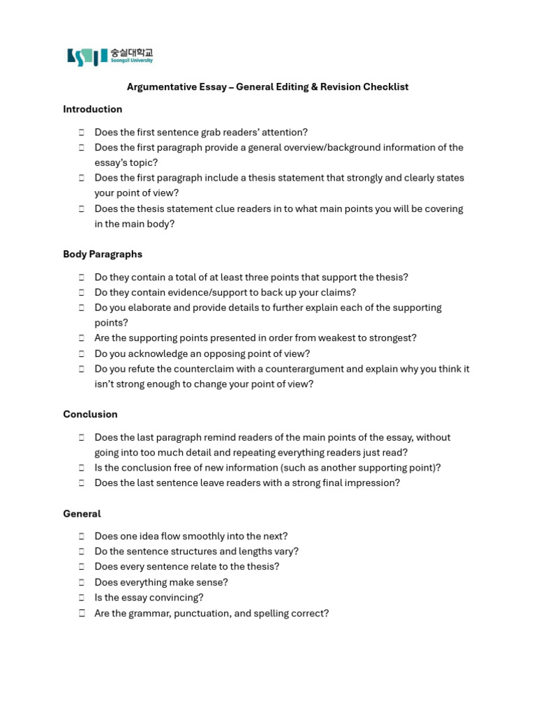 Argumentative Essay E&R General Checklist | PDF | Language Arts ...