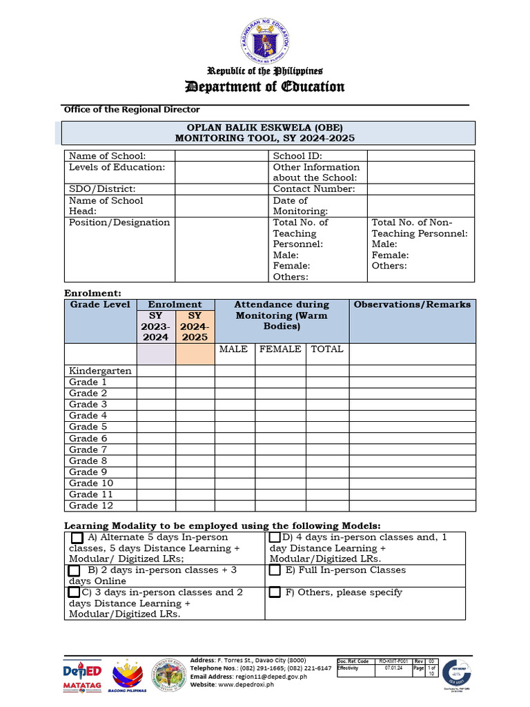 Oplan Balik Eskwela Monitoring | PDF