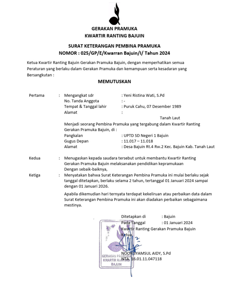 SK PEMBINA Pramuka 1 Bajuin | PDF