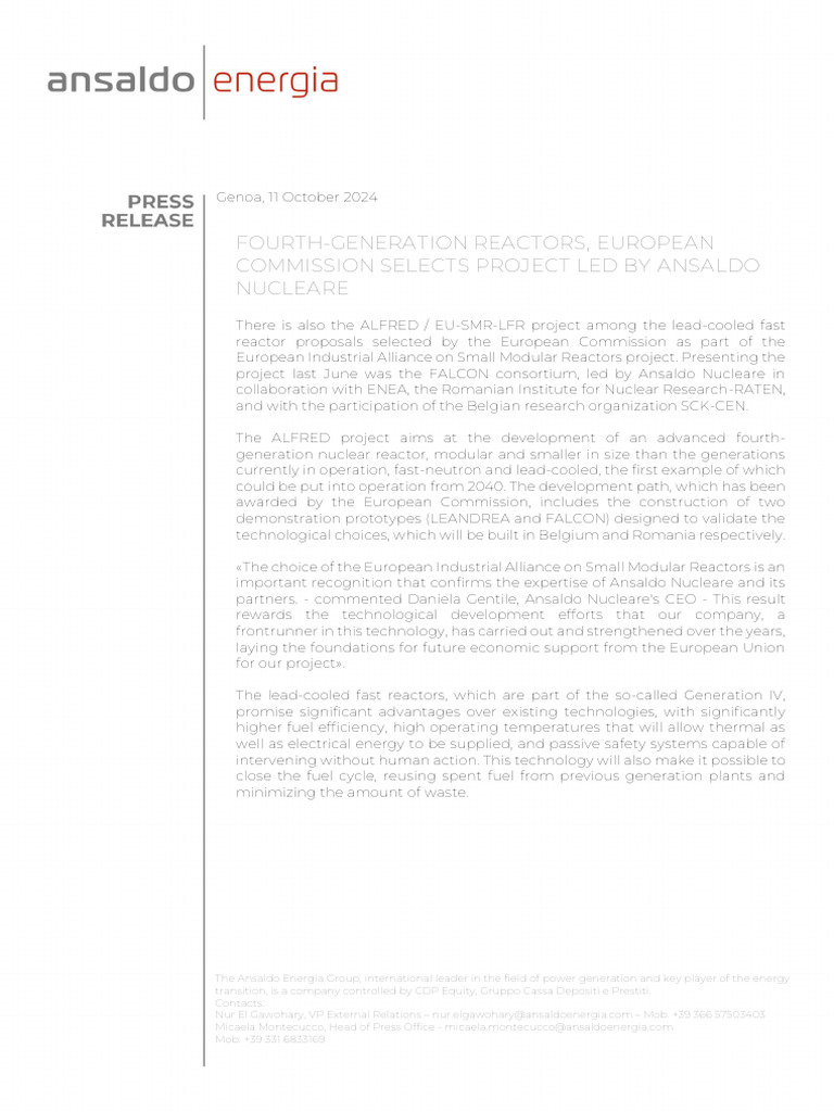 Ansaldo Nucleare Alfred EU-SMR-LFR Project Selected by SMR European Industrial Alliance 11-10 ...