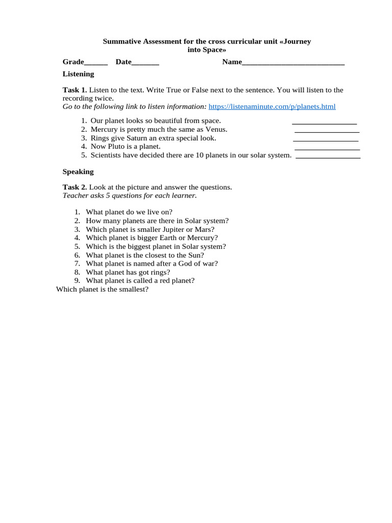 Summative Assessment For The Cross Curricular Unit 7 | PDF | Language ...