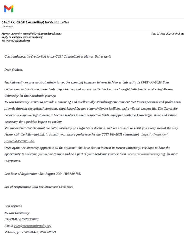 Gmail - CUET UG-2024 Counselling Invitation Letter | PDF | Career & Growth