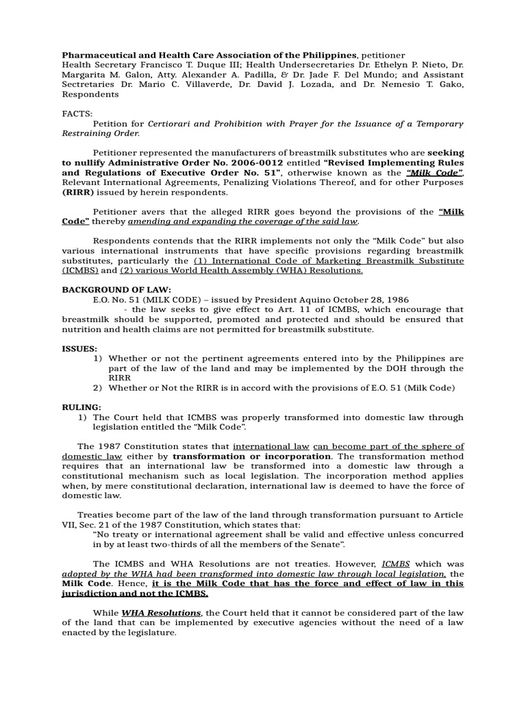 PIL - Pharma Vs Duque - Digest | PDF | International Law | Treaty