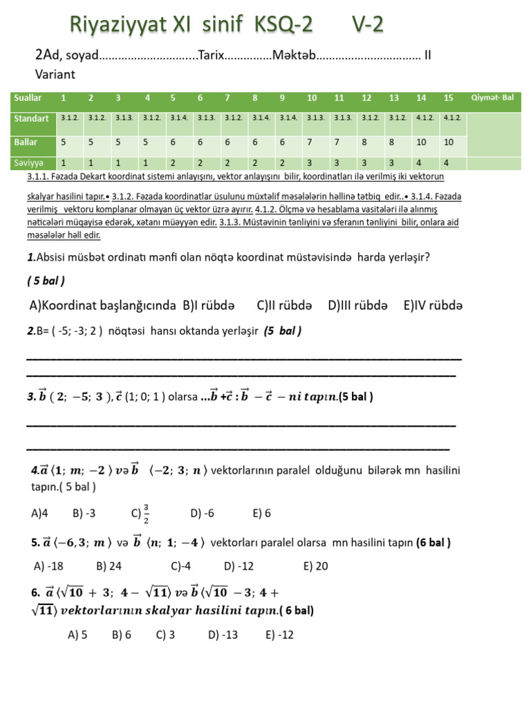 Paylaşmayin - Ri̇yazi̇yyat Xi Si̇ni̇f - Ksq-2.vari̇ant-I. Fərqanə Babayeva | PDF