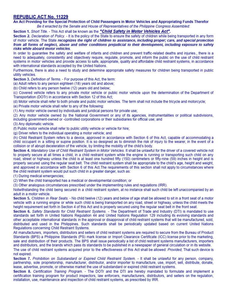 Child Safety in Vehicles Act | PDF | Safety | Vehicles