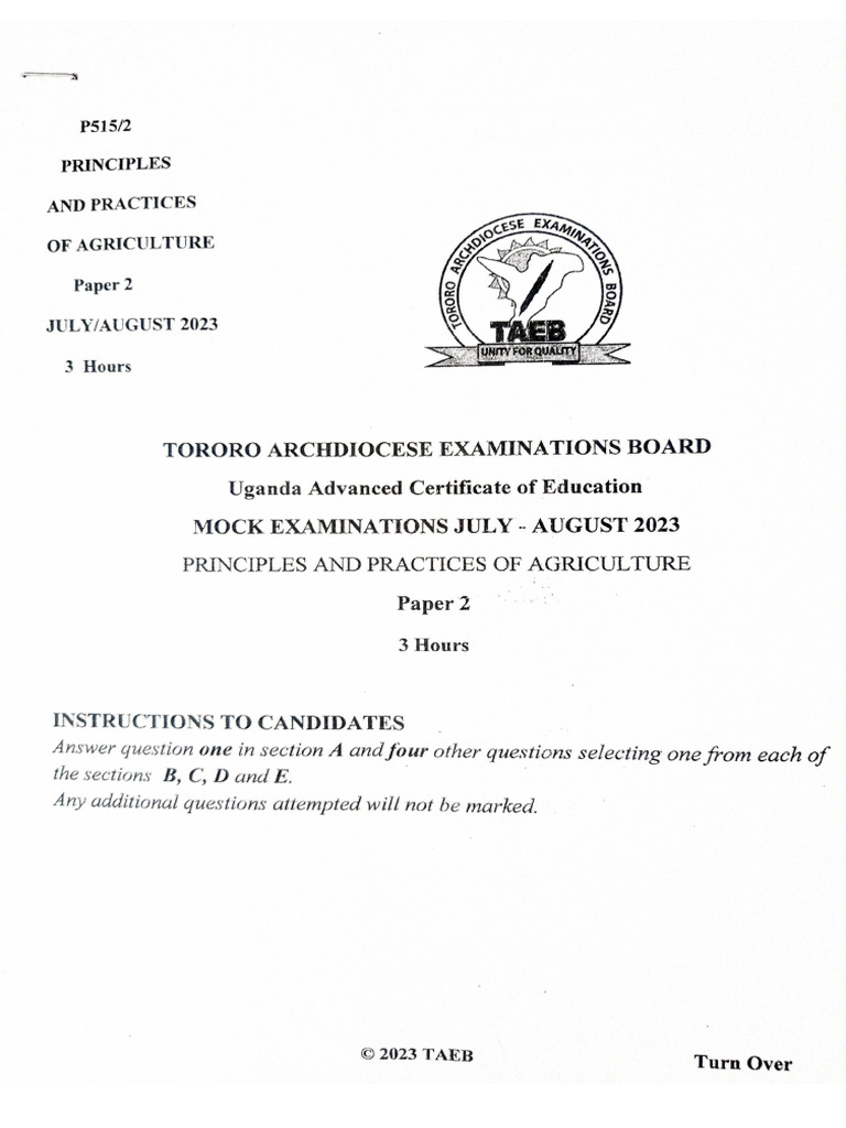 Tororo Archdiocese Examination Board Uace Agriculture Paper 2 | PDF