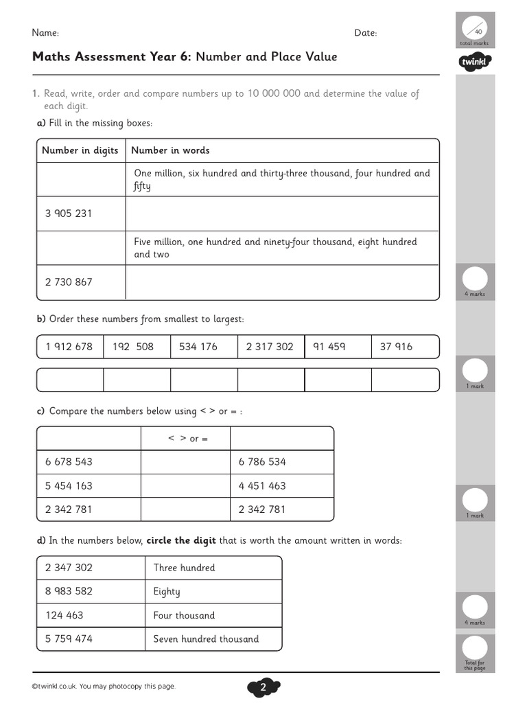 Year 6 Maths Assessment Number and Place Value - Ver - 1 | PDF ...