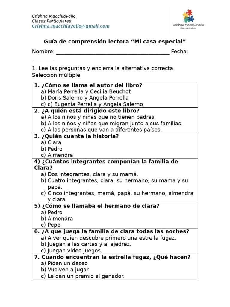 Guía de Comprensión Lectora Mi Casa Especial | PDF | Arte