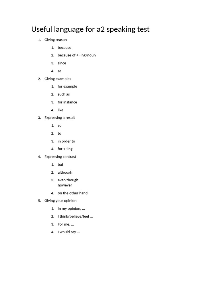 Useful Language for a2 Speaking Test | PDF