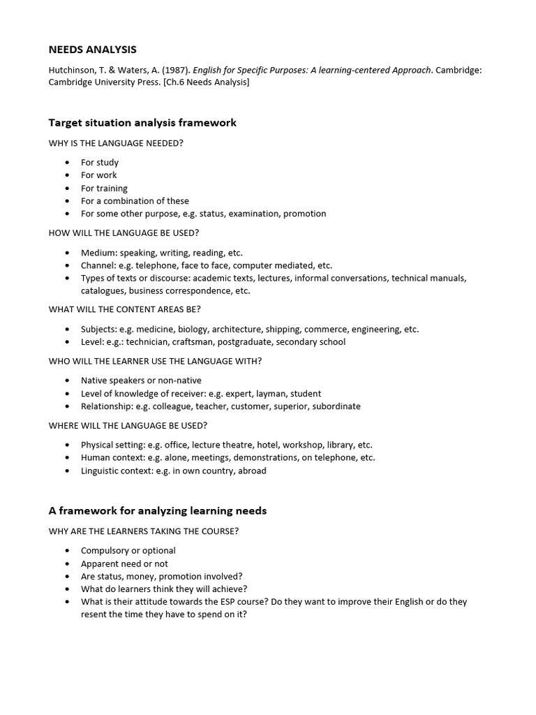 NEEDS ANALYSIS | PDF | Teachers | Learning