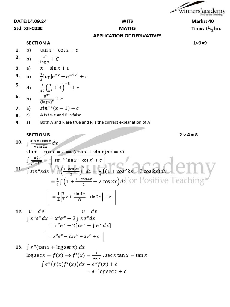 XII CBSE Indefinite Integration 14.09.24 A.K | PDF | Teaching Methods ...