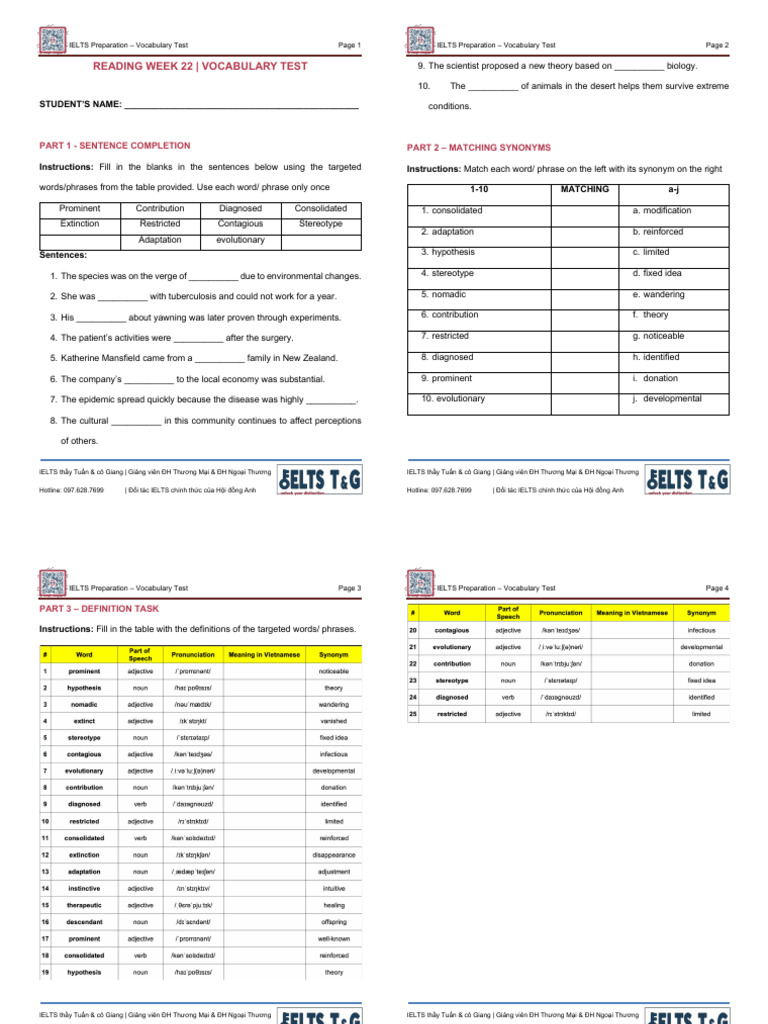 15. Vocabulary test (HW Reading texts) | PDF