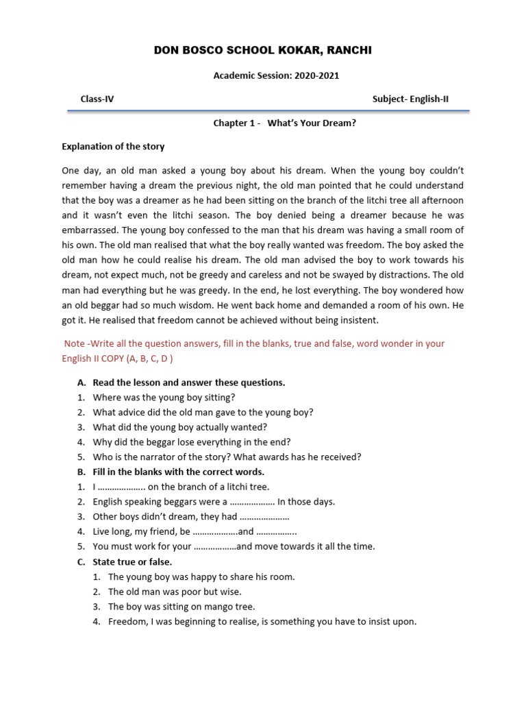 Class 4 English Chapter 1: Dreams | PDF | Dream
