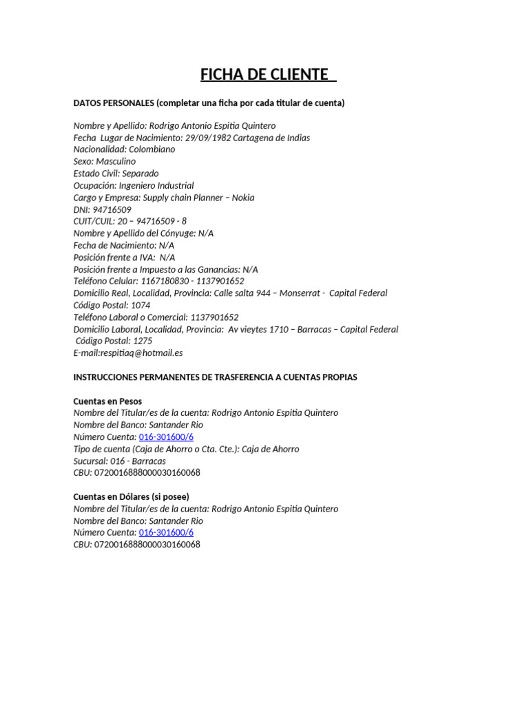 Ficha de Cliente | PDF