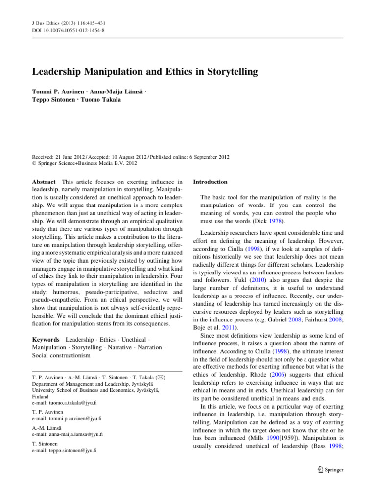 Leadership Manipulation and Ethics in Storytelling | PDF | Power ...