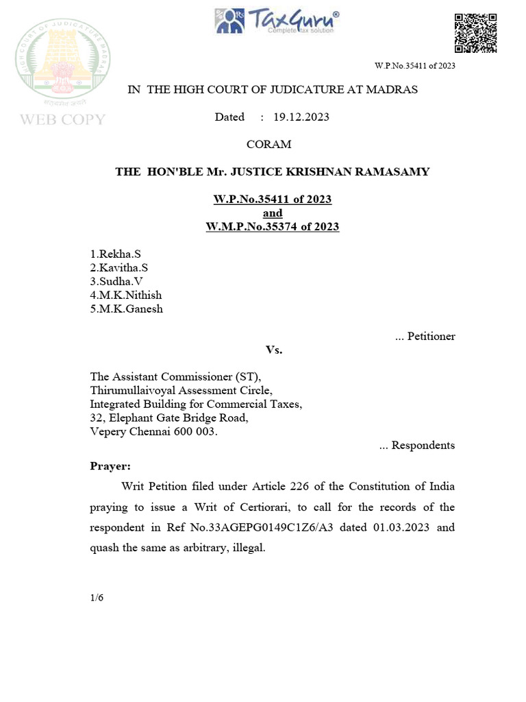Rekha. S Vs Assistant Commissioner ST Madras High Court | PDF ...