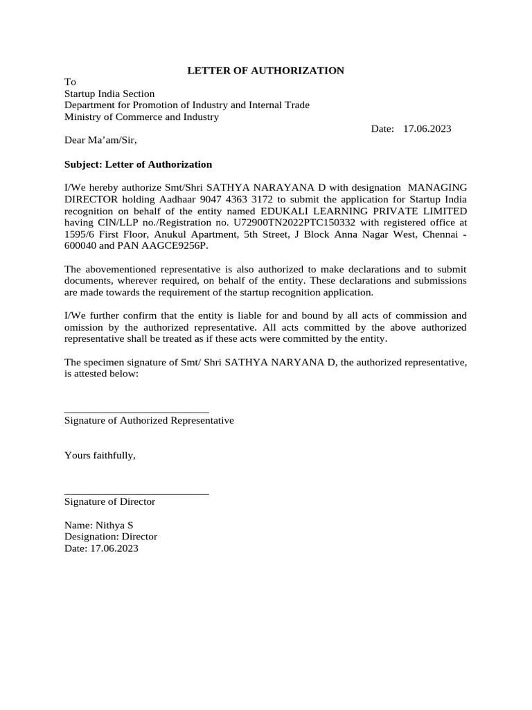 Authorization Letter Format (General) | PDF | Career & Growth