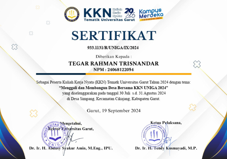 Sertifikat Peserta KKN 2024 - Simpang - Kelompok 65 - TEGAR RAHMAN TRISNANDAR-1 | PDF