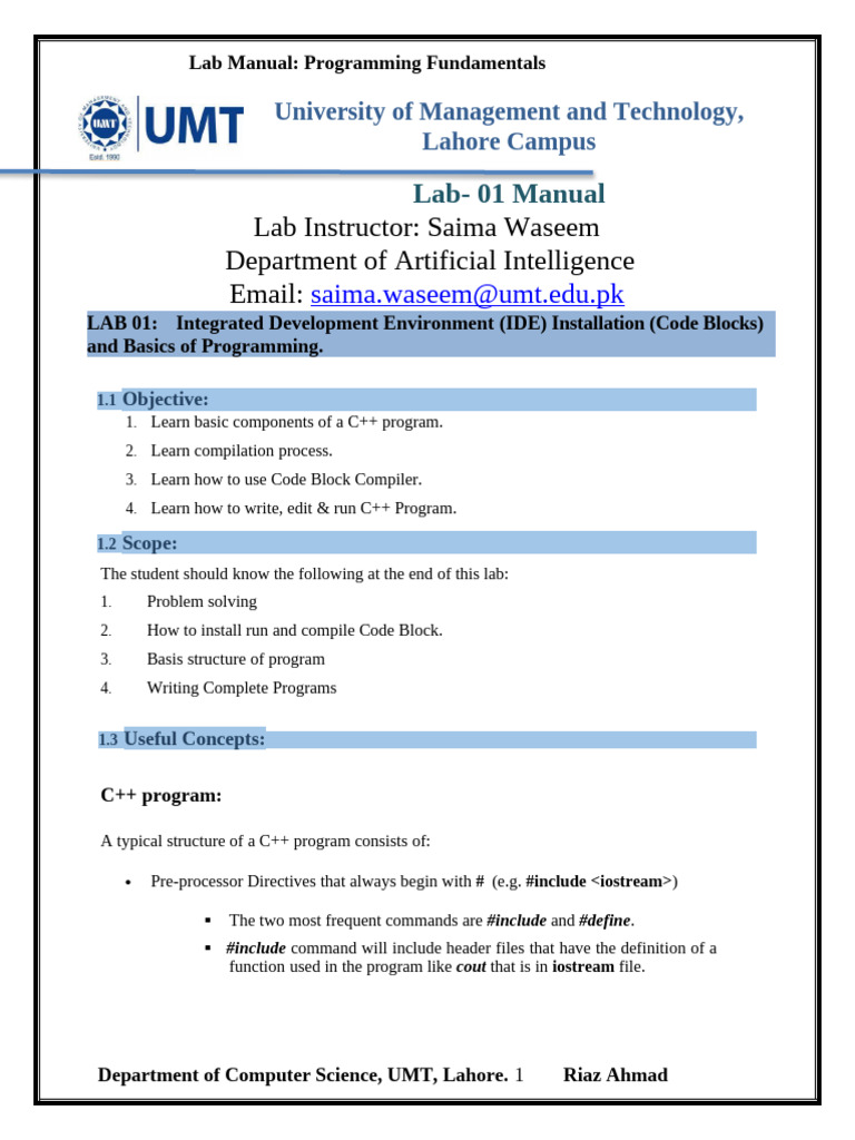Lab Manual 01 - Working of IDE (Code Blocks) | PDF | C++ | Programming