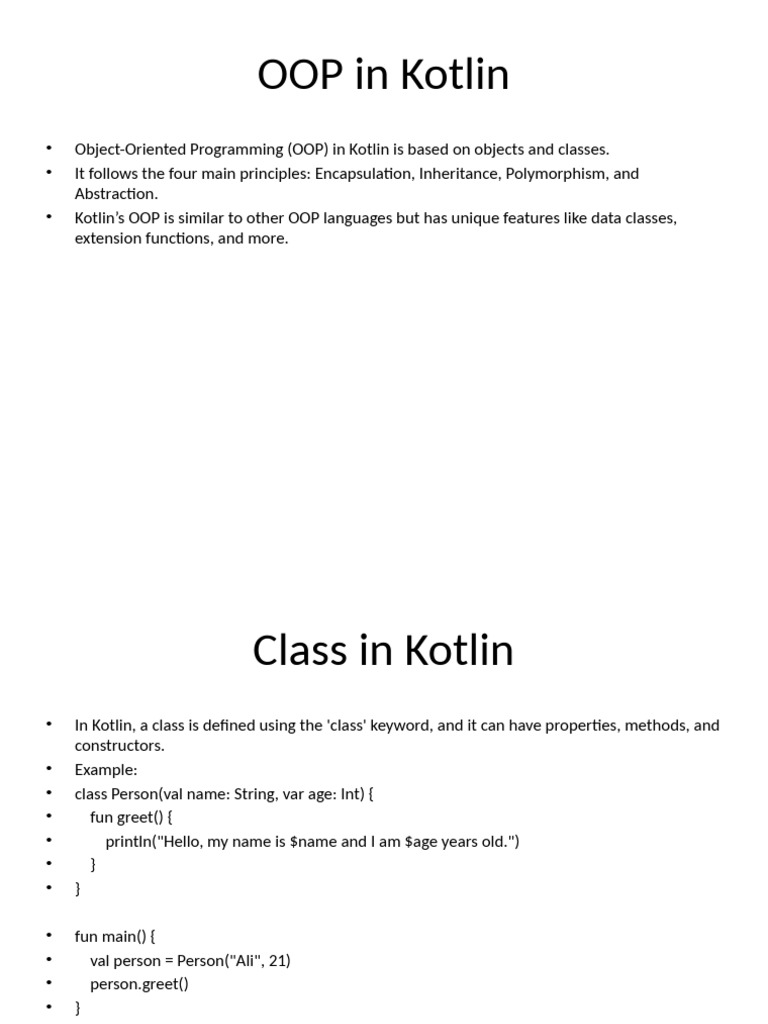 Kotlin OOP Presentation | PDF | Class (Computer Programming) | Object Oriented Programming
