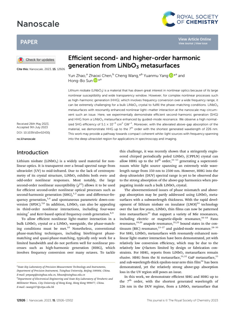 Efficient Second - and Higher-Order Harmonic Generation From LiNbO3 Metasurfaces | PDF ...