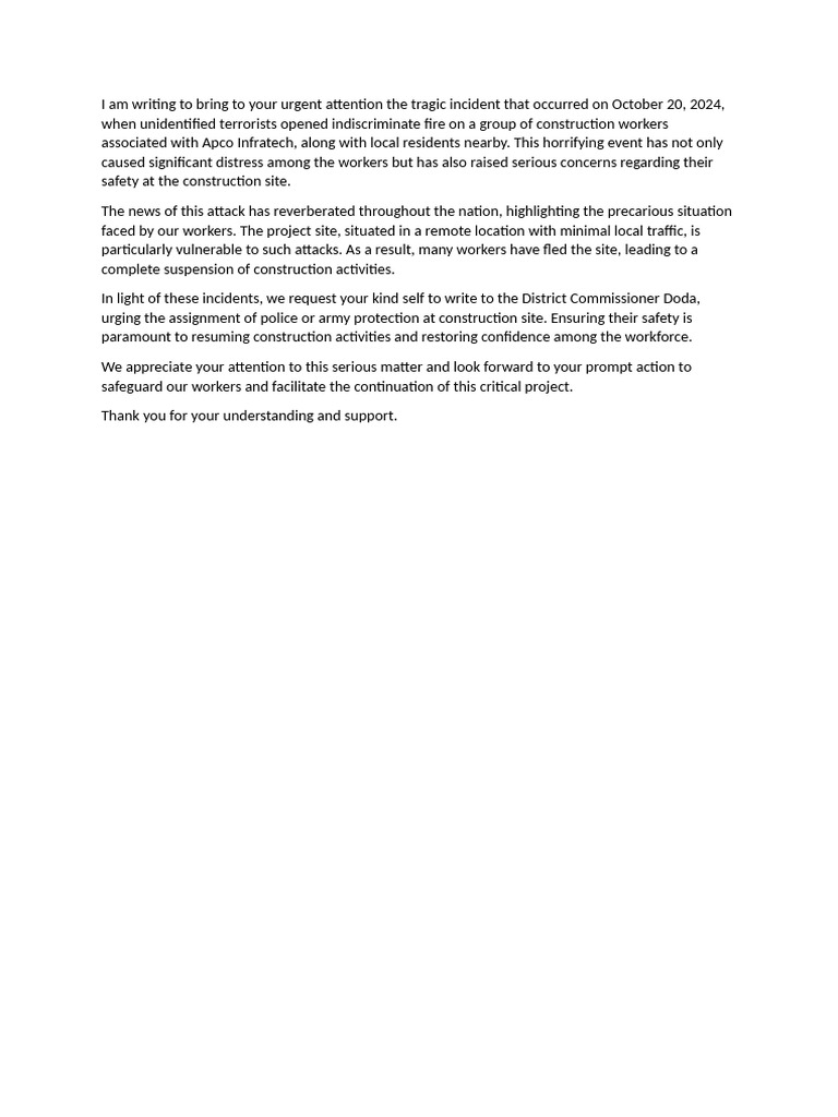 This Is To Draw Your Kind Attention Toward The Incident Occurred On 20 ...